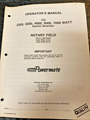 Used Coleman Powermate IC 2250,3250,4000,5000,7000 W Genset Operators ...