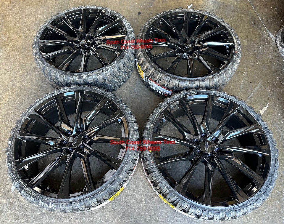 24” ESCALADE FR98 BLACK WHEELS Silverado Tahoe Yukon Sierra 33” MT Mud ...