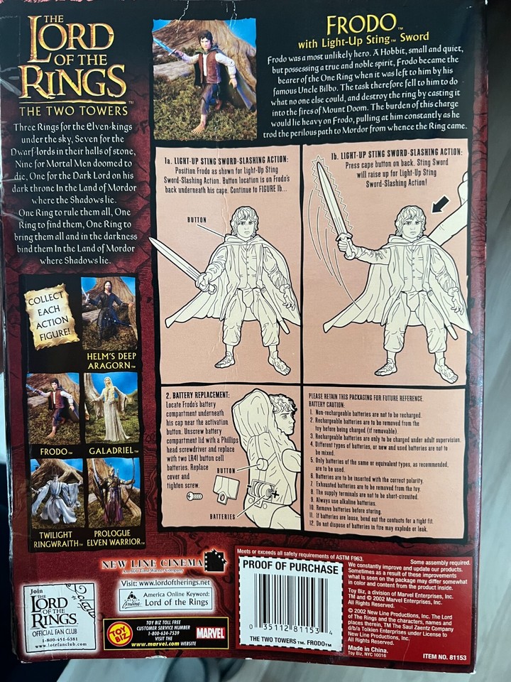 Frodo Light Up Sting Sword THE LORD OF THE RINGS ToyBiz Two Towers NEW ...