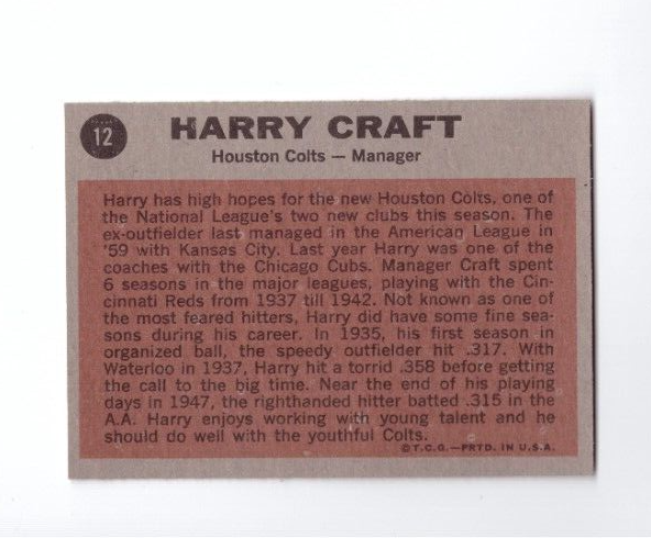 1962 Topps Baseball card # 12 Harry Craft Colt 45s Manager | eBay
