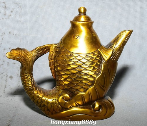 16CM Old China Pure Bronze Gild Goldfish Fish lotus leaf Wine Tea Pot ...