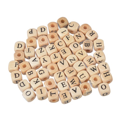 100 Pieces 10mm Alphabet Wooden Beads Initial 26 Letter Square Shape ...