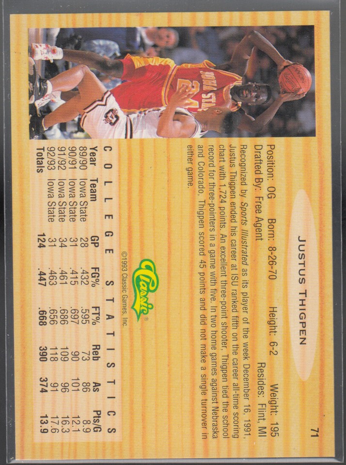 JUSTUS THIGPEN 1993 Classic Draft Picks #71 Iowa State Signed ...