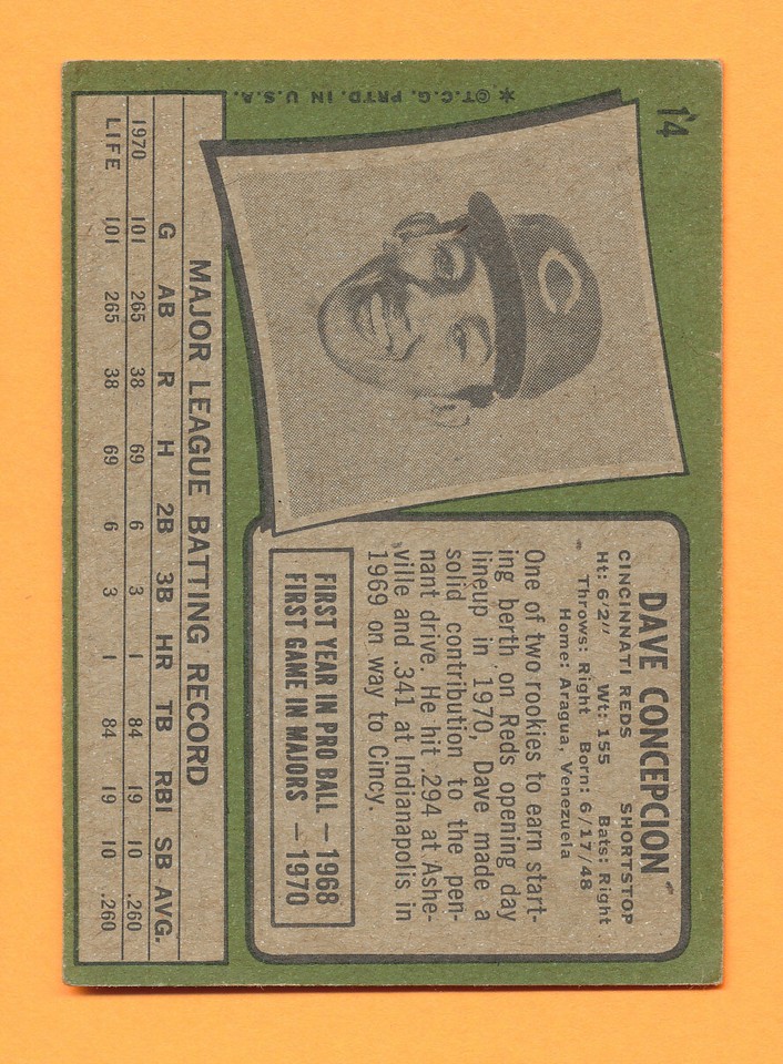 VG-EX+/- DAVE CONCEPCION ROOKIE 1971 TOPPS #14 RC UNCREASED NICE MID ...