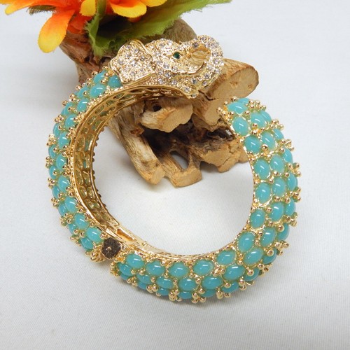 GOLD TONE, RHINESTONE & TEAL GREEN CABOCHON SPRING HINGE ELEPHANT CUFF ...