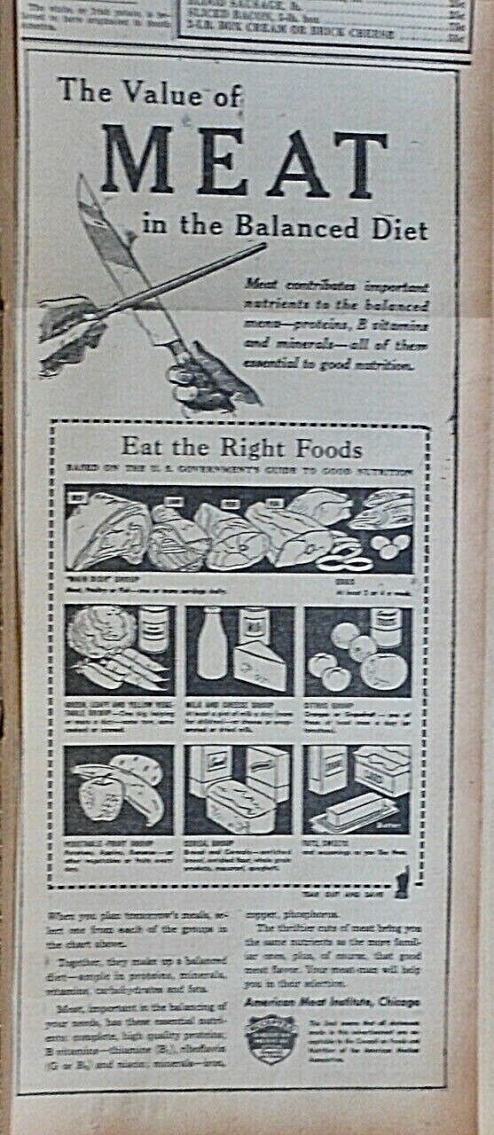 1942 newspaper ad Value of Meat in Balanced Diet - Eat the right foods ...