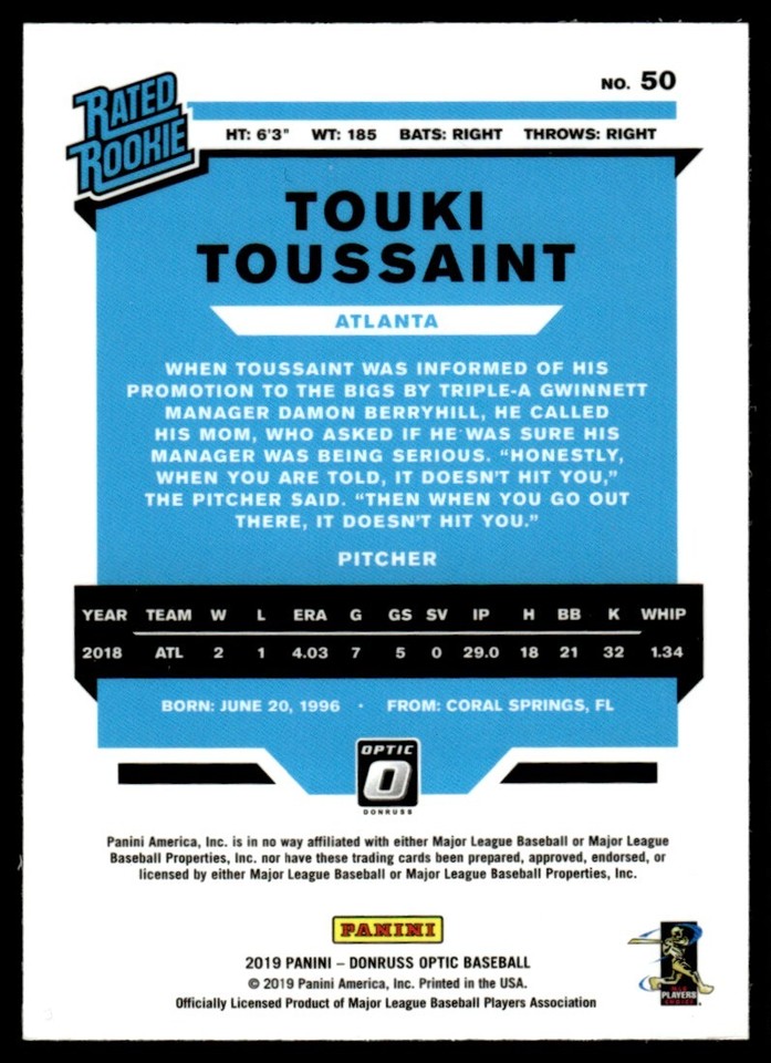 2019 Donruss Optic Rated Rookie #50 Touki Toussaint Rookie Atlanta ...
