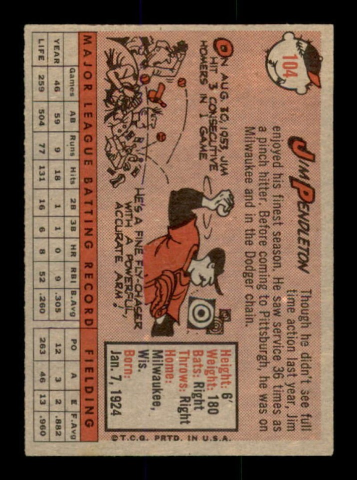 1958 Topps #104 Jim Pendleton VG/VGEX Pirates 554028 | eBay