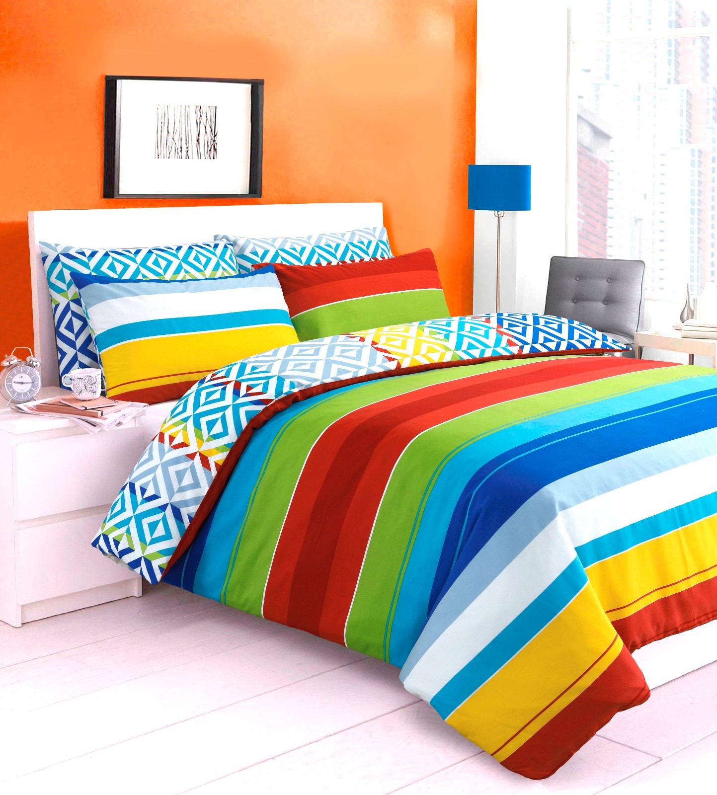 Multi Rainbow Stripe Blue Berry Duvet Cover Set Singe Double King Poly ...