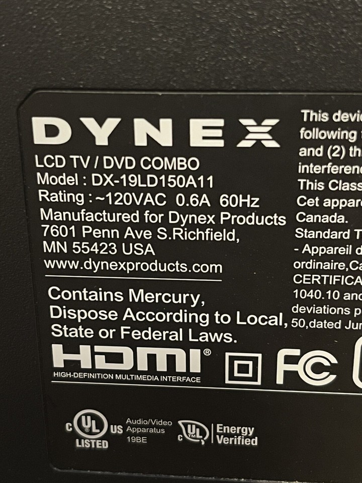 Dynex DX-19LD150A11 19" LCD TV DVD Combo Sm Kitchen Gaming Television ...
