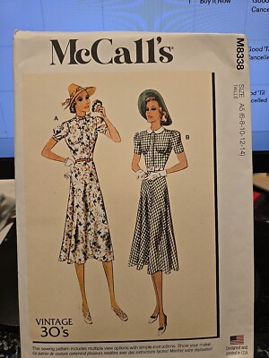 MCCALL'S SEW PATTERN M8338 FITTED DRESS AND BELT Size 6-14 VTG 1930'S ...