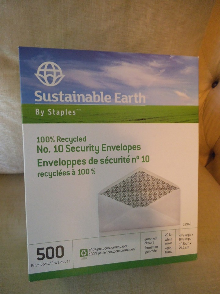 Sustainable Earth Staples #10 Gummed Security Tint Envelopes Recycled ...