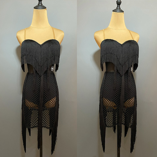 Fringe Latin Dress Women Mesh Ballroom Practice Costume Sexy Tango ...