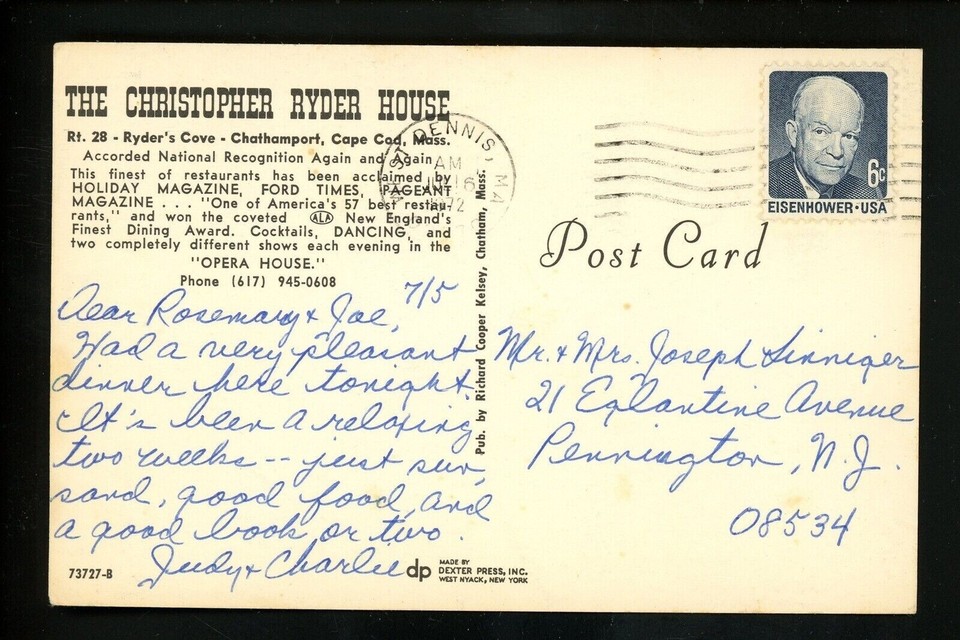 Restaurant postcard Massachusetts MA Cape Cod Chathamport Ryder House ...
