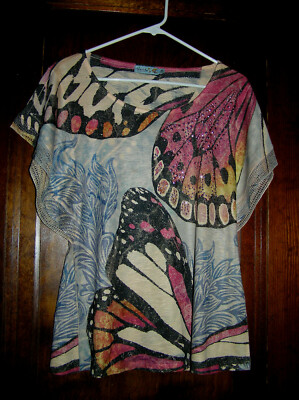 NEW UNITY WORLD WEAR WIDE FLOPPY SLV EMBELLISHED TOP HUGE BUTTERFLY SZ ...