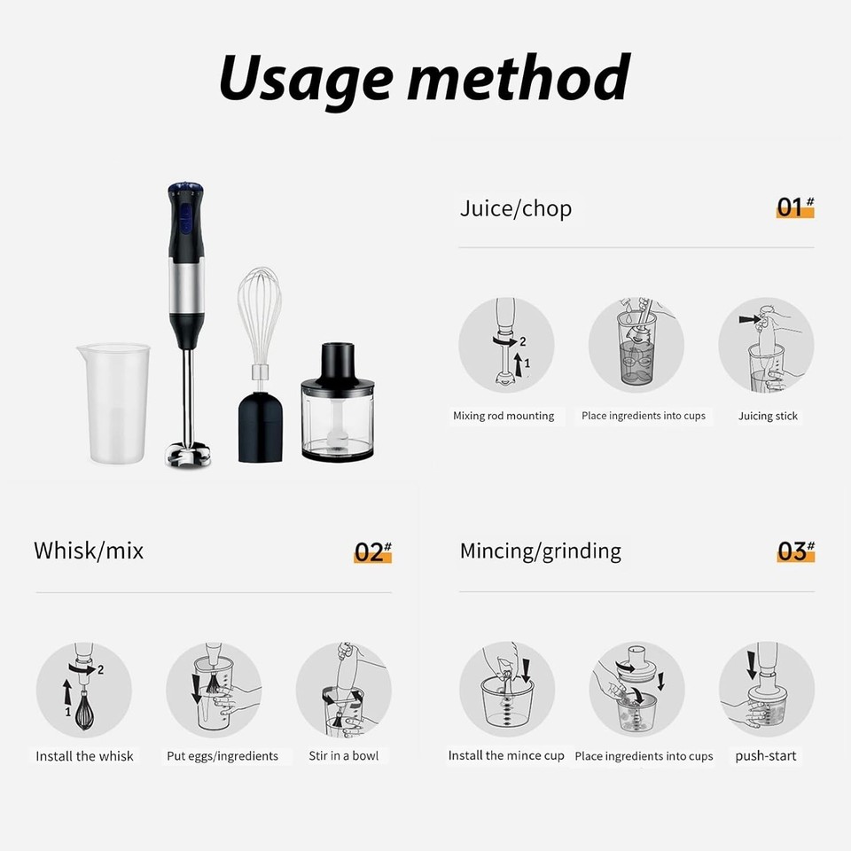 1000W 4 in1 5 Speeds Immersion Multi-Purpose Stick Hand Blender Heavy ...