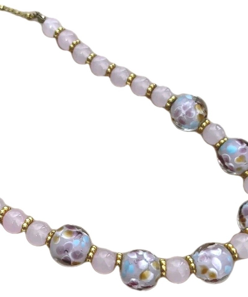 Painted Pink Glass Beaded Necklace/ Gold Tone | eBay