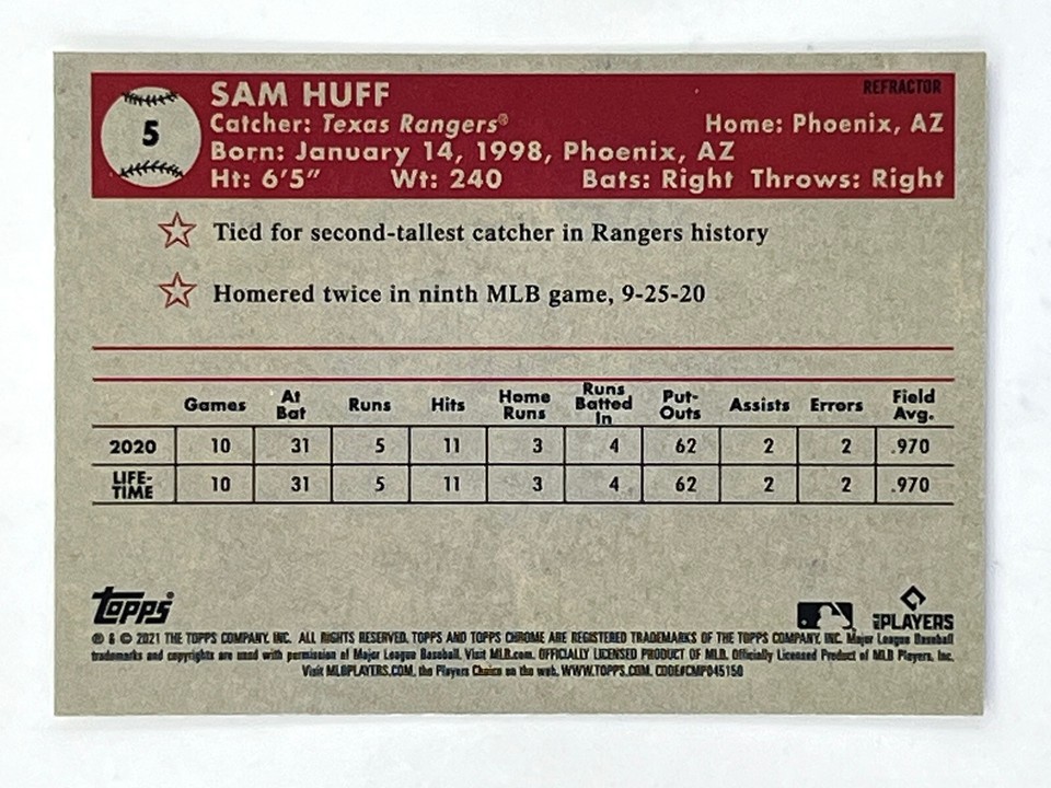 Sam Huff 2021 Topps Chrome Platinum Anniversary Refractor RC #5 MLB ...