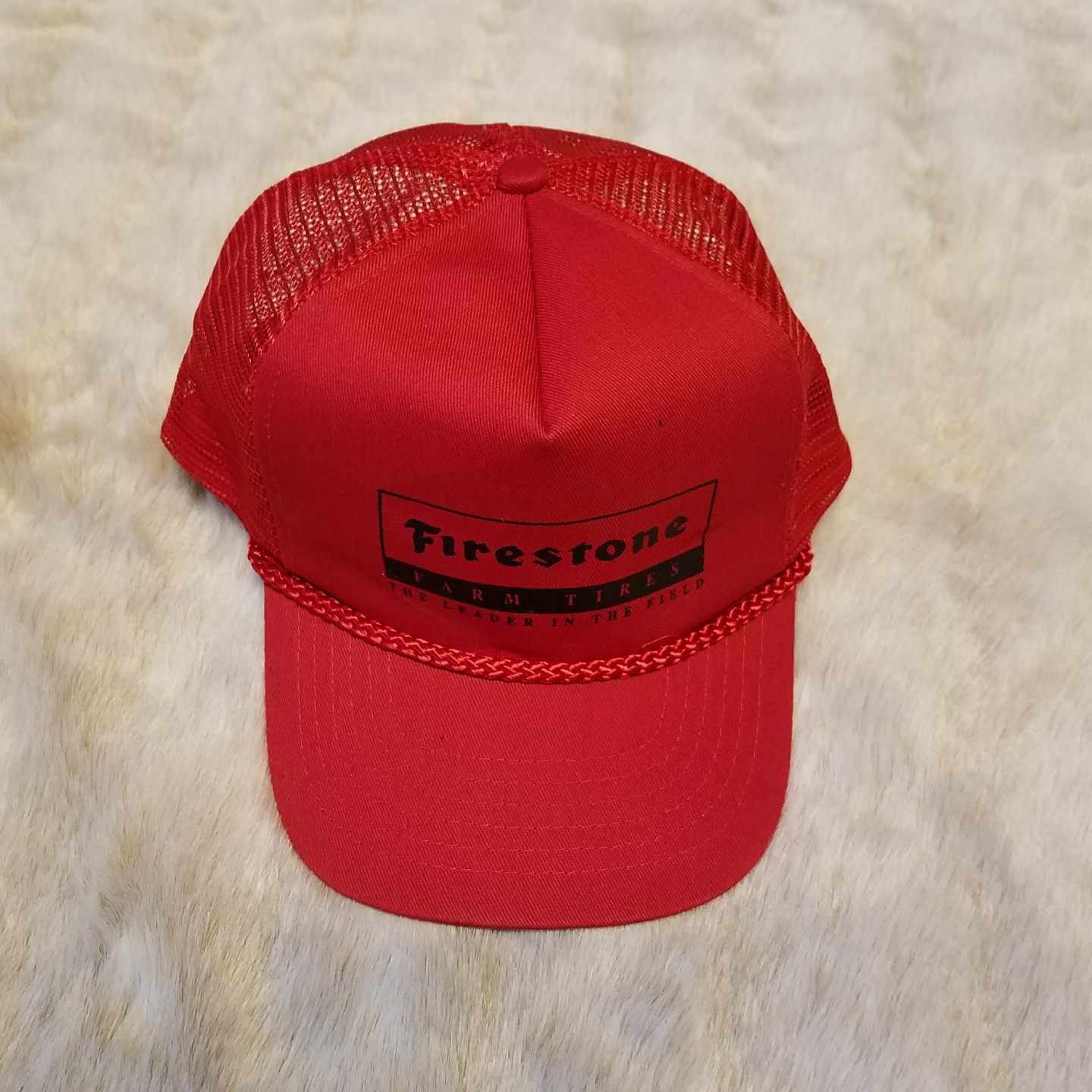 Men Firestone Farm Tires Truckers Hat Red Mesh Flat Brim Rope Trim ...