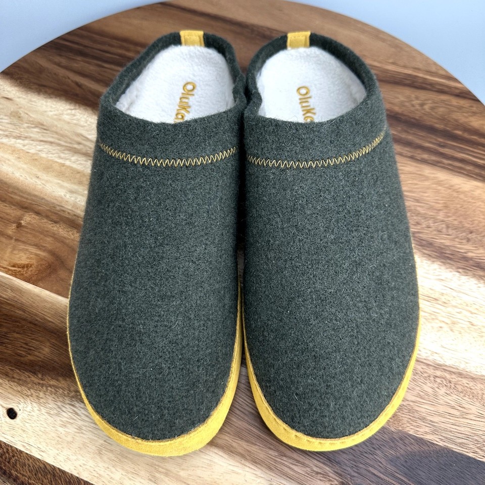 Olukai Hamani Hulu Men's 9 Real Sheep Fur Wool Mule Slippers Green Warm ...
