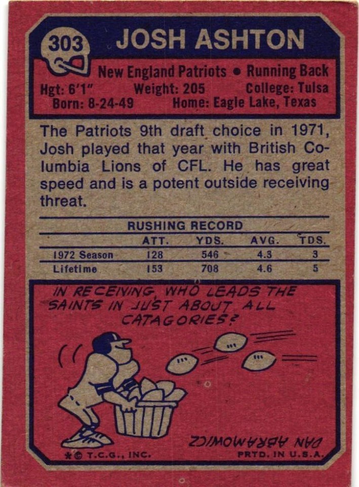 JOSH ASHTON 1973 Topps FB #303 FREE SHIP 50% OFF B1001R2S28P8 | eBay