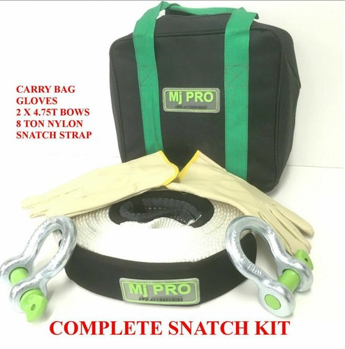 Snatch Strap kit 8 ton rated 9m x 60mm + 2 bow shackles 4.75 ton gloves ...