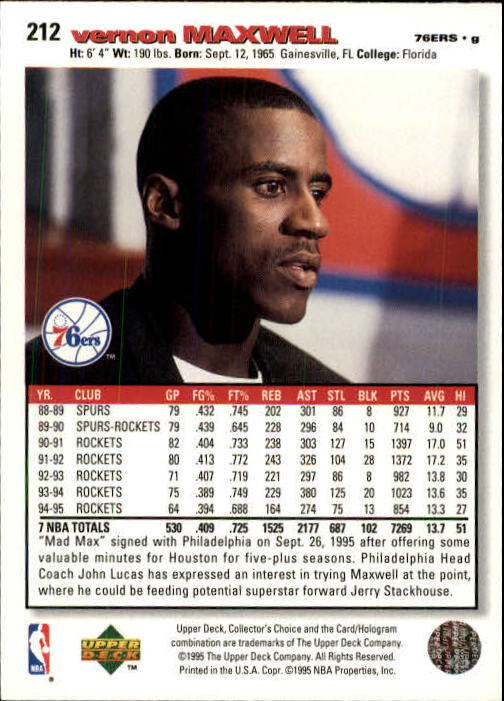 1995-96 Collector's Choice 76ers Basketball Card #212 Vernon Maxwell | eBay