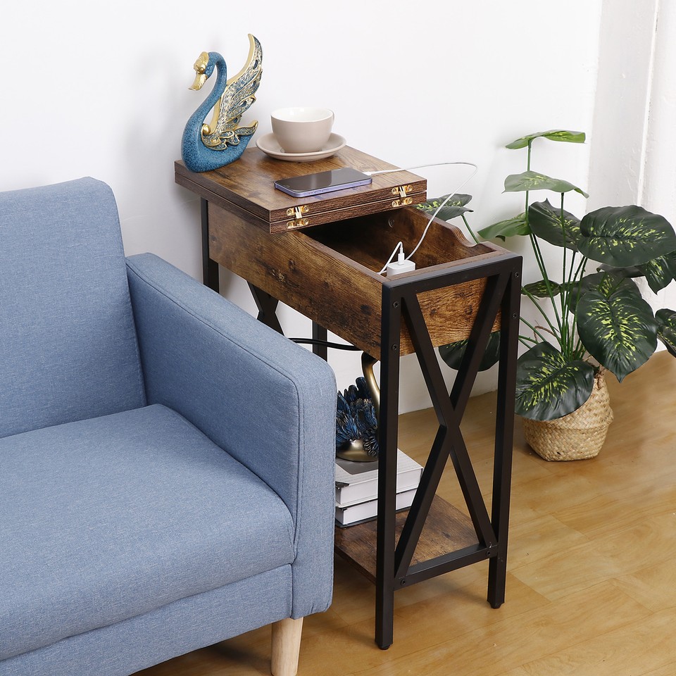 24'' Side Table with USB Ports and Outlets X-Design Narrow Sofa Side ...