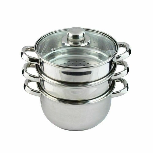 Large 24cm 3 Tier Stainless Steel Steam Cooker Steamer Pan Cook Pot Set ...