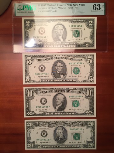 1995 Rare $2 $5 $10 $20 New York (B) Fed Reserve Star Note Collection ...