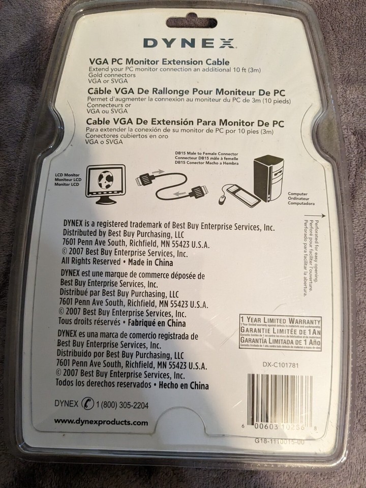 Dynex VGA PC Monitor Extension Cable - 10 ft (3.0 M) - New 600603102868 ...