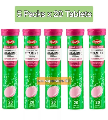 100 Effervescent Tablets Vitamin C 1000mg Raspberry High Strength ...