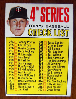 1967 TOPPS BASEBALL #278 4TH SERIES CHECKLIST JIM KAAT UNMARKED EX U ...