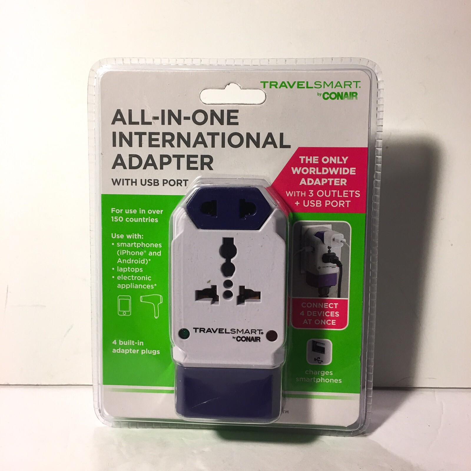 Travel Smart All-In-One Adapter with USB; 3 Outlets; Worldwide Adapter ...