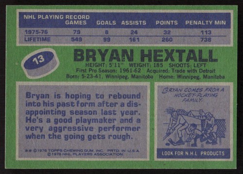 1976-77 Topps #13 Bryan Hextall North Stars NM-MT or Better! PACK FRESH ...