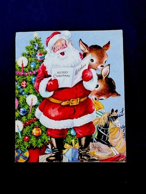 1 VTG Xmas Greeting Pop Out Card Jolly Santa Reading Card To Deer Fawn ...