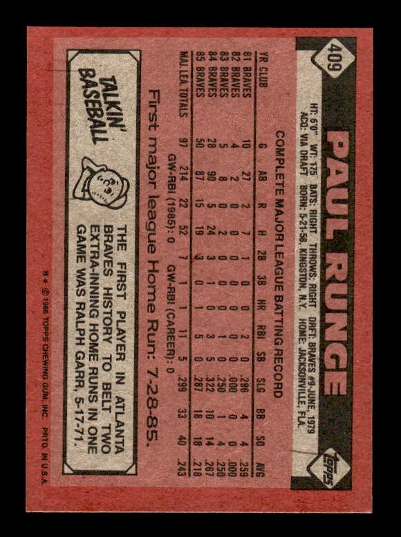 PAUL RUNGE SIGNED 1986 TOPPS #409 ATLANTA BRAVES ON-CARD AUTO | eBay