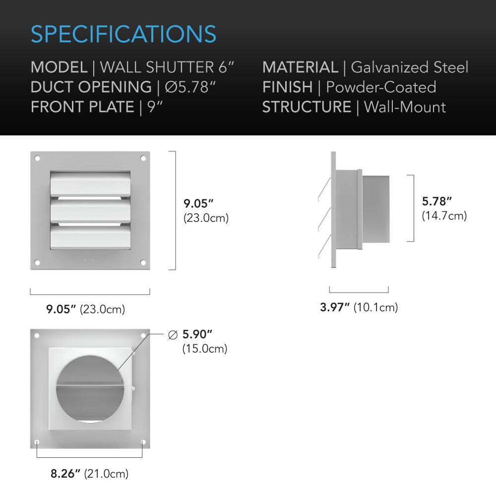 Wall Mount Duct Shutter, 6" One-Way Airflow Vent Hood for Home HVAC ...