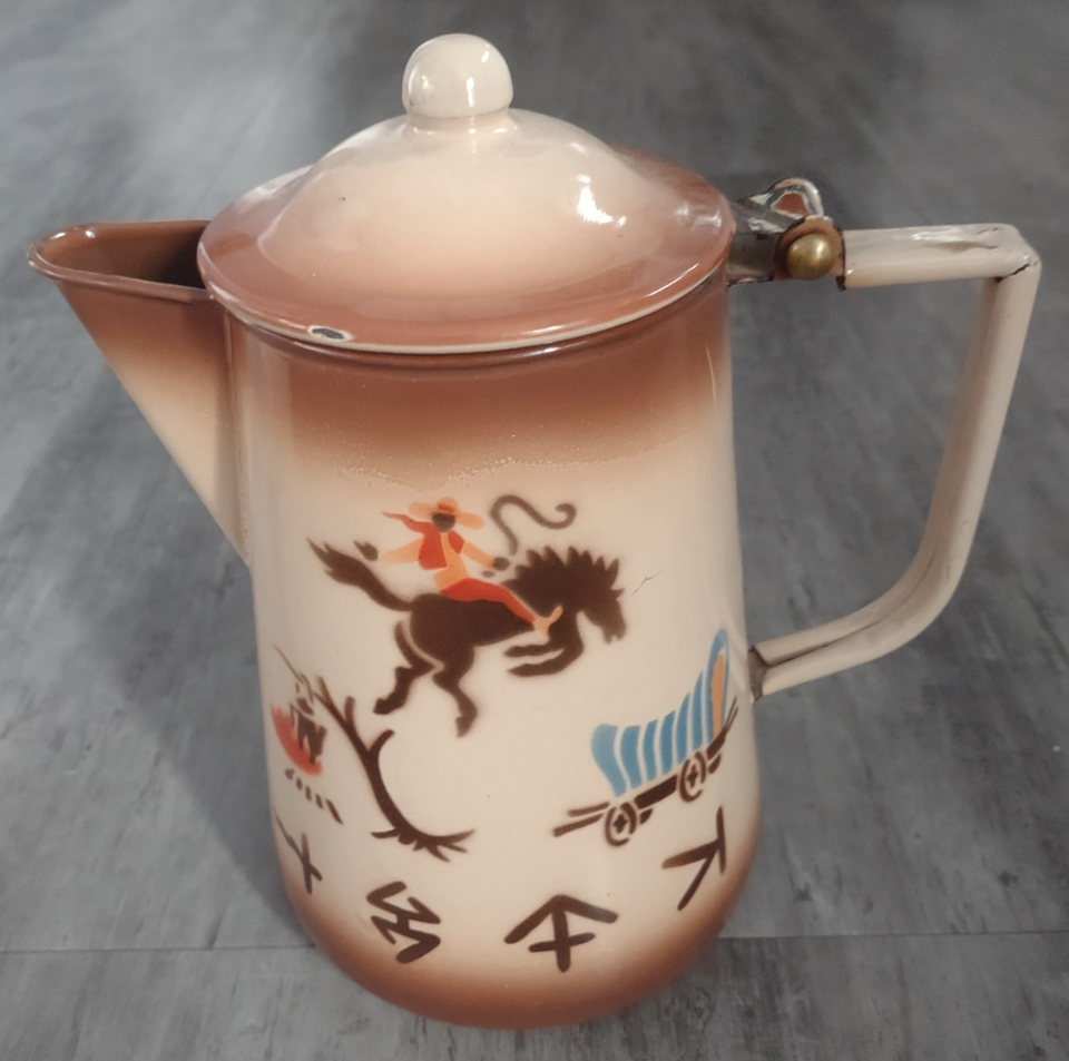 Vintage Nasco Western Enamelware Cowboy Bronco Wagon Coffee Pot | eBay