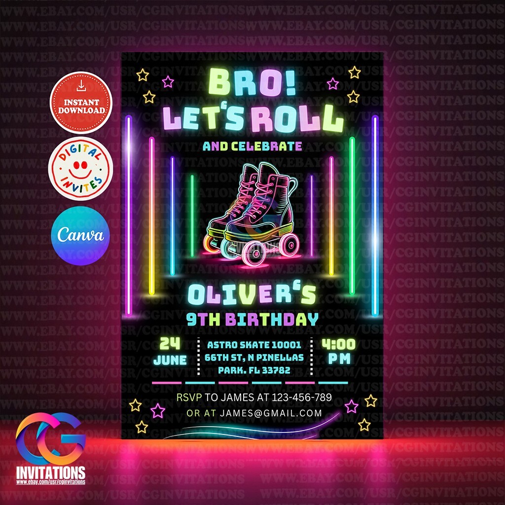 Neon Personalized Birthday Invitation Template Glow Neon Pool Party