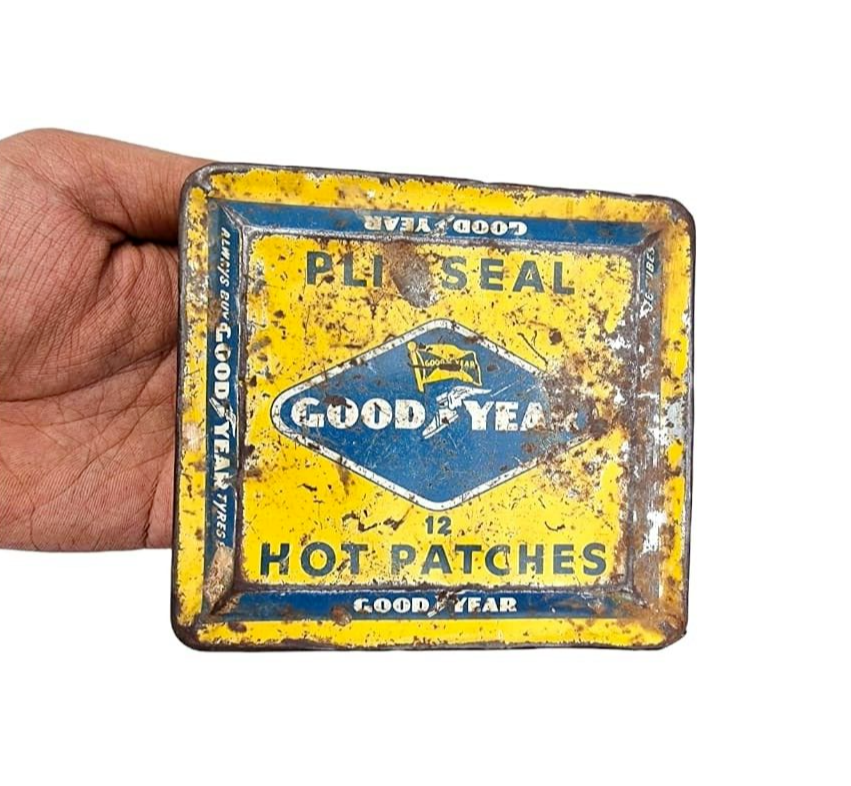 VINTAGE OLD ANTIQUE RARE GOODYEAR TYRE HOT PATCHES LITHO. TIN BOX ...