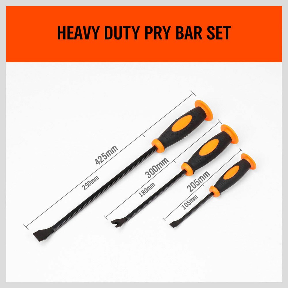 3pc Pry Bar Set Crowbar Strike Cap 8" 12" 17" Carbon Steel Non-slip ...