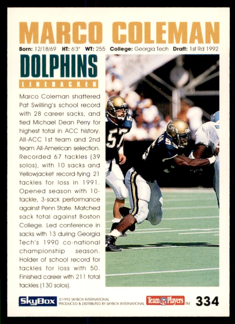 1992 SkyBox Marco Coleman Rookie Miami Dolphins #334 | eBay