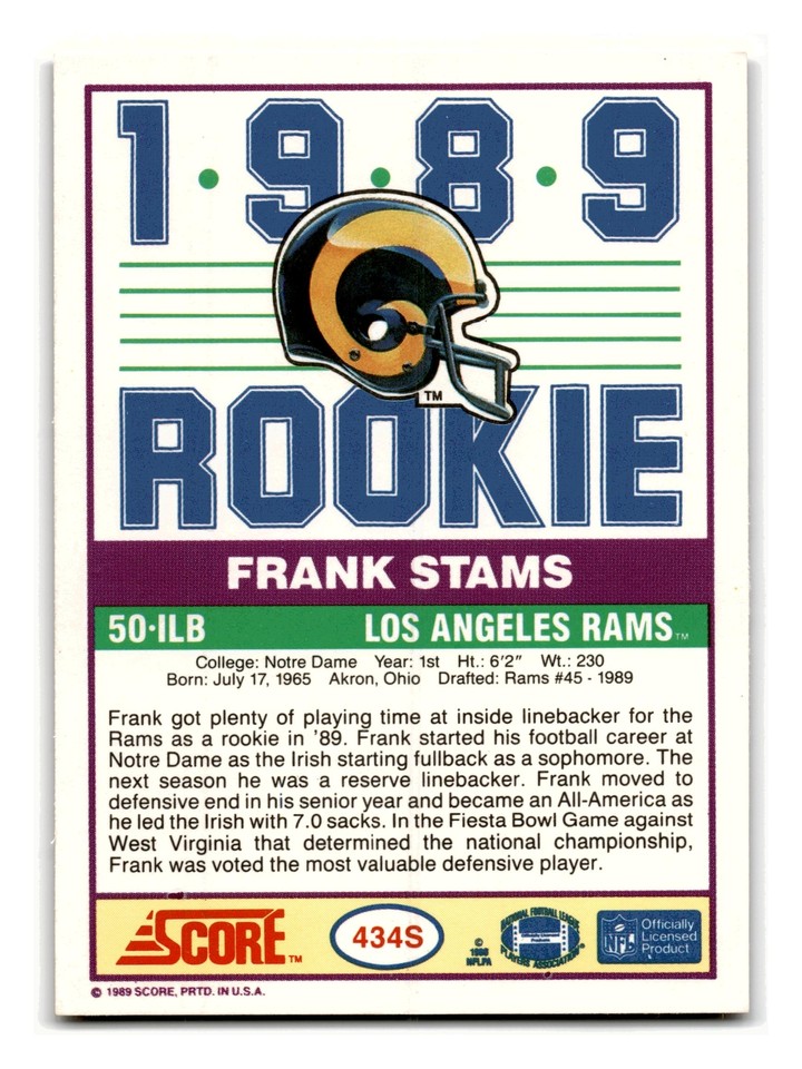 Frank Stams rc 1989 Score Supplemental #434S Los Angeles Rams Mint | eBay