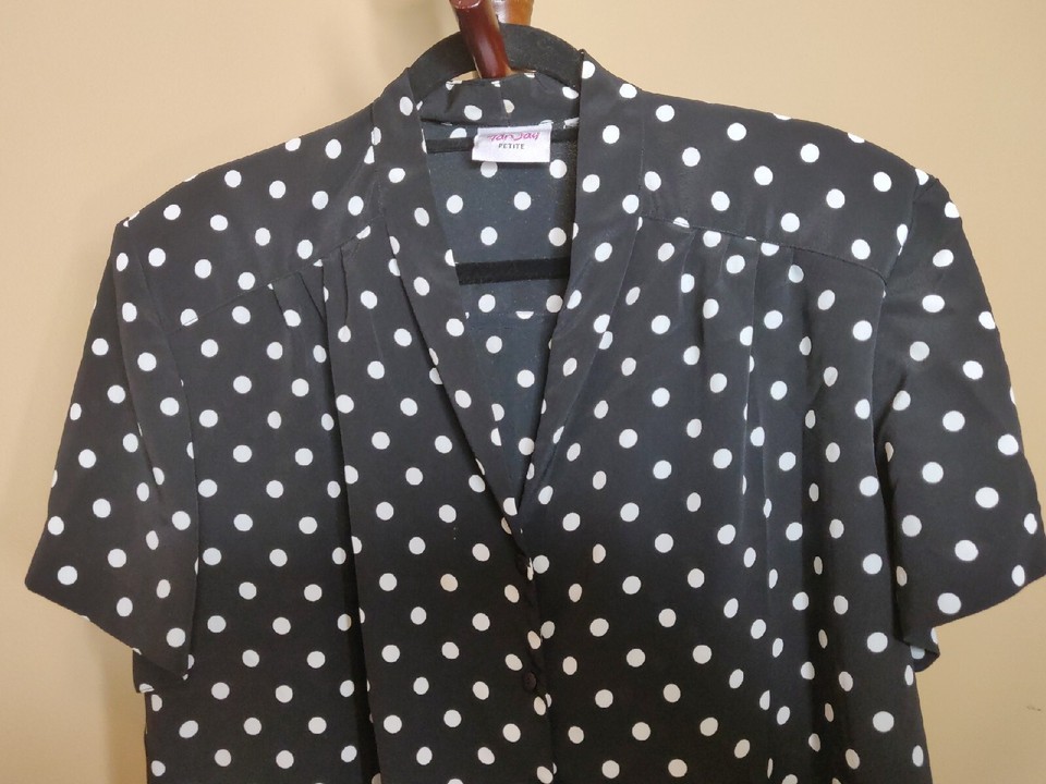 Tan Jay women's XLP? blouse black & white polka dots v-neck short ...