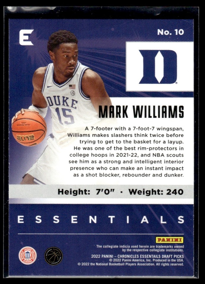 2022-23 Panini Chronicles Essentials Draft Picks Mark Williams Duke ...