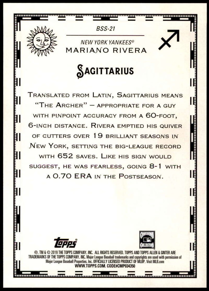 Mariano Rivera 2019 Allen and Ginter Baseball Star Signs 5x7 #BSS-21 16 ...