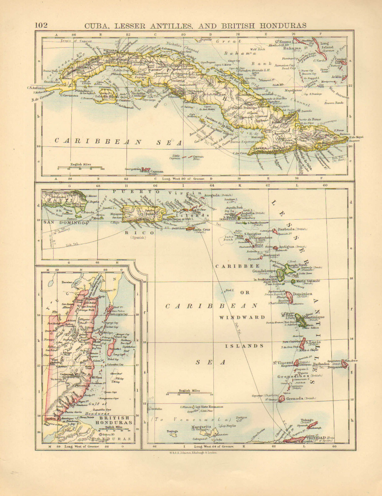 1892 Viktorianisch Landkarte ~ Cuba Lesser Antilles & Britisch Honduras ...