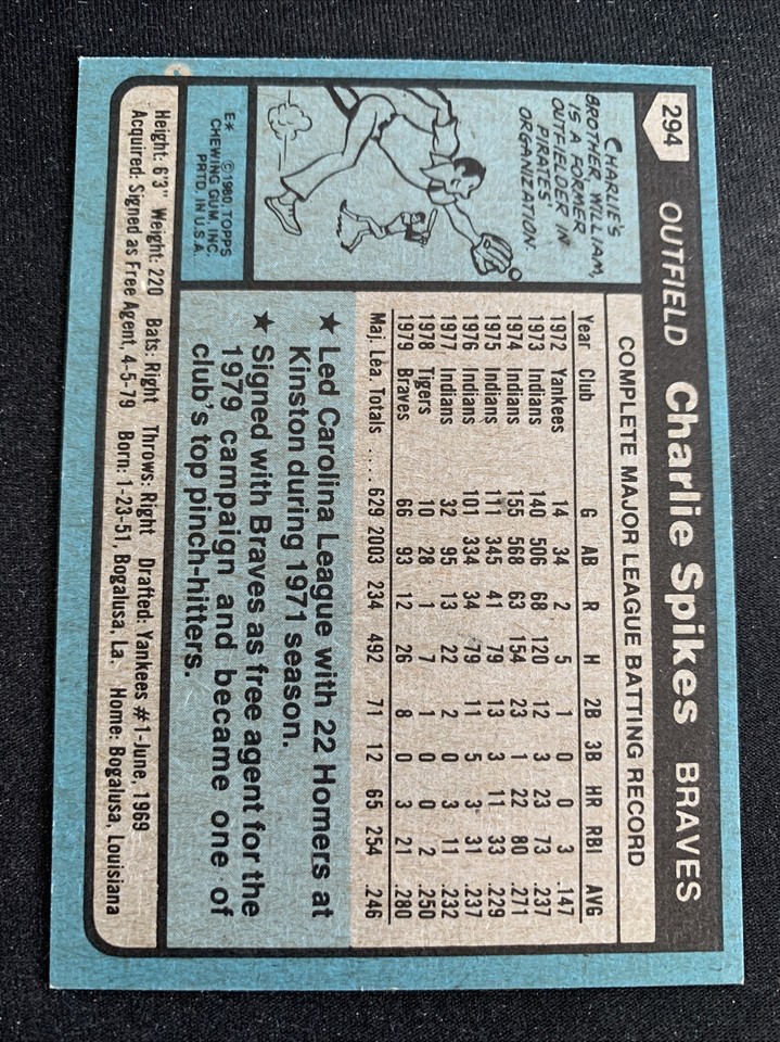1980 Topps Baseball Card #294 Charlie Spikes Atlanta Braves NMMT Free ...