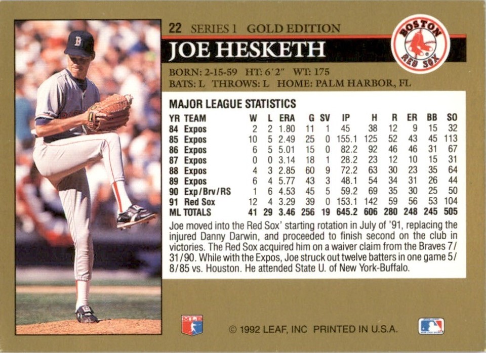 1992 Leaf Black Gold Joe Hesketh Boston Red Sox #22 Baseball Card | eBay